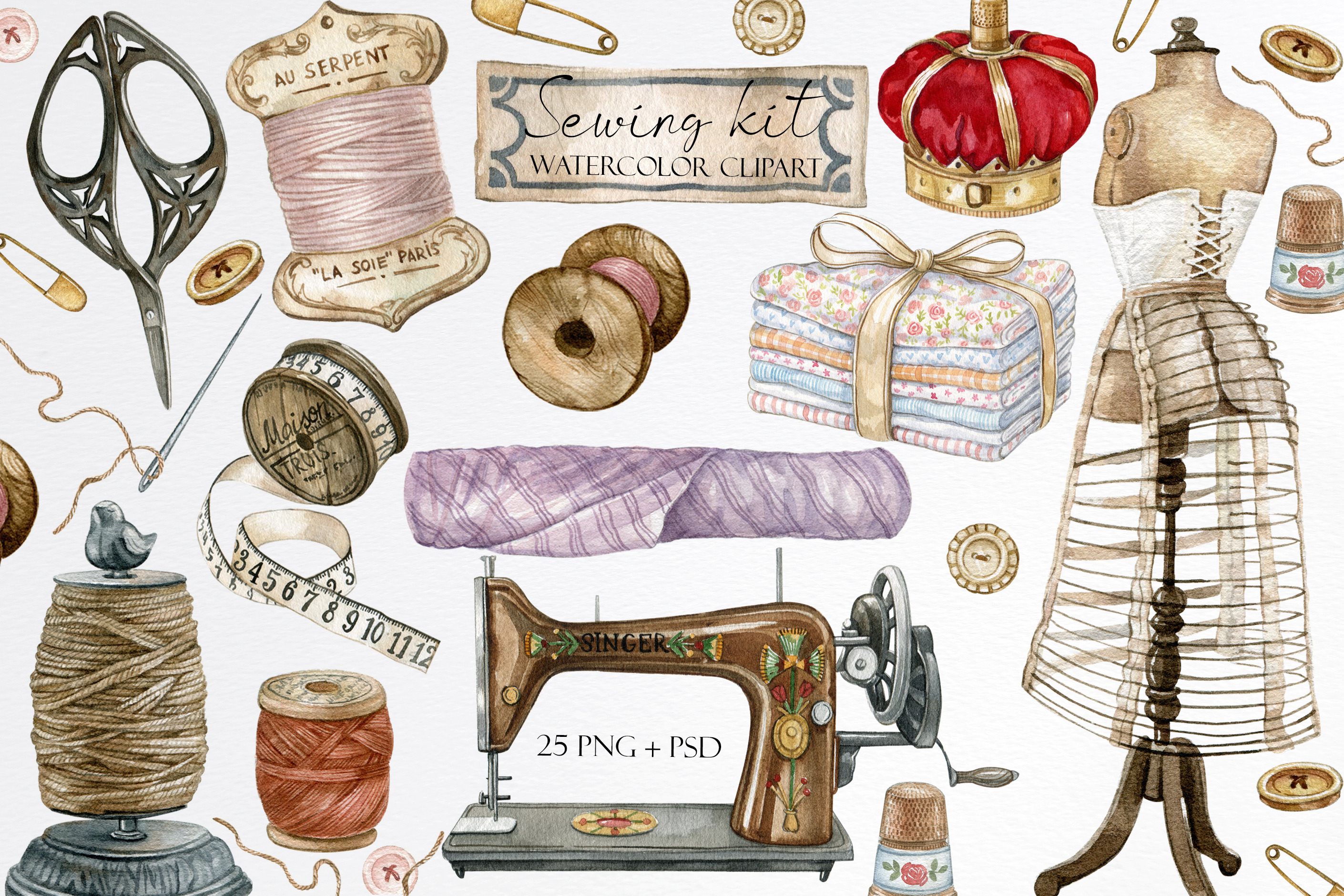 Watercolor vintage sewing clipart