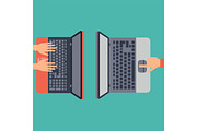 Users hands on keyboard and mouse of computer technology internet work typing tool vector ...