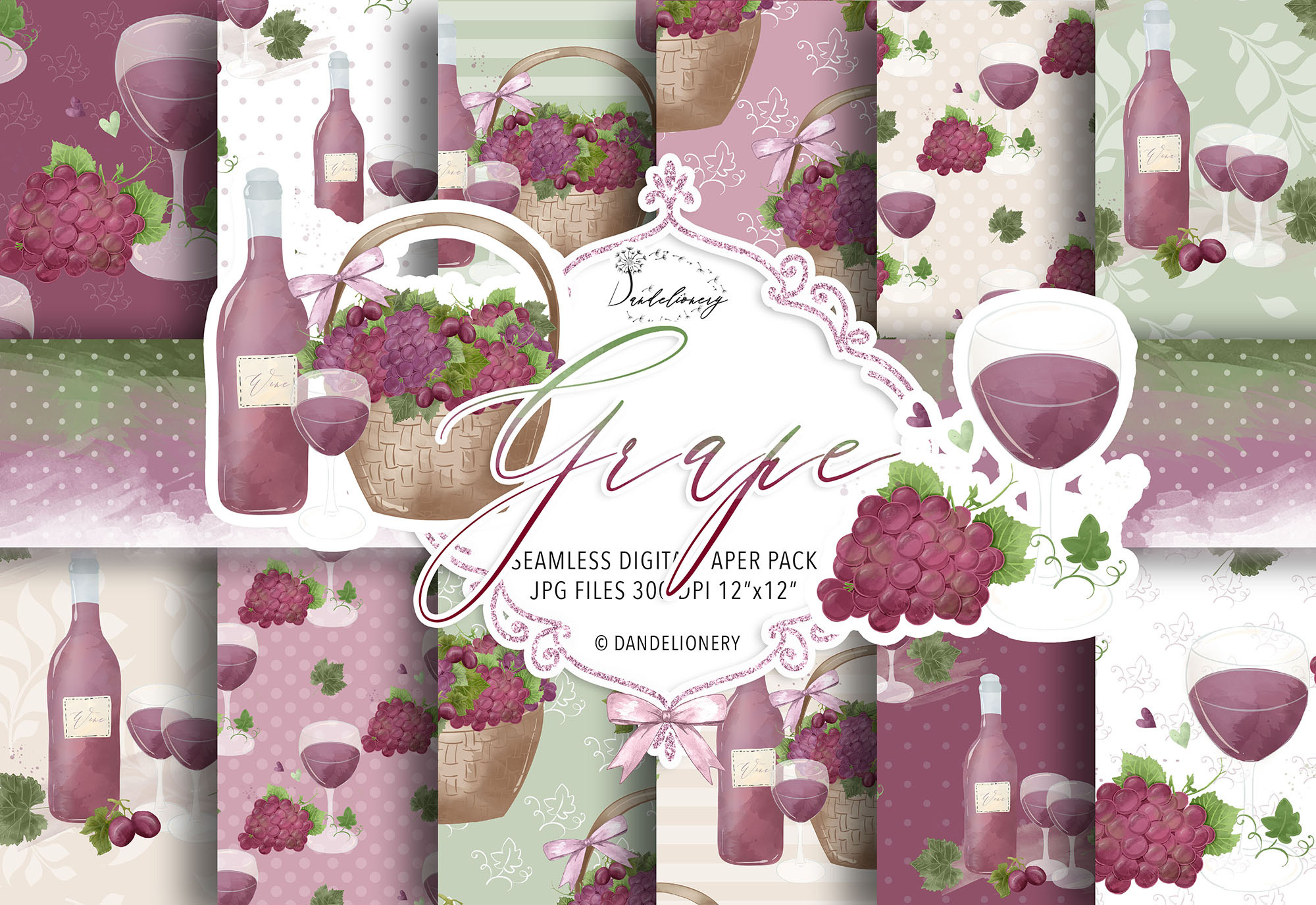 Grape digital paper pack, a Pattern Graphic by designloverstudio