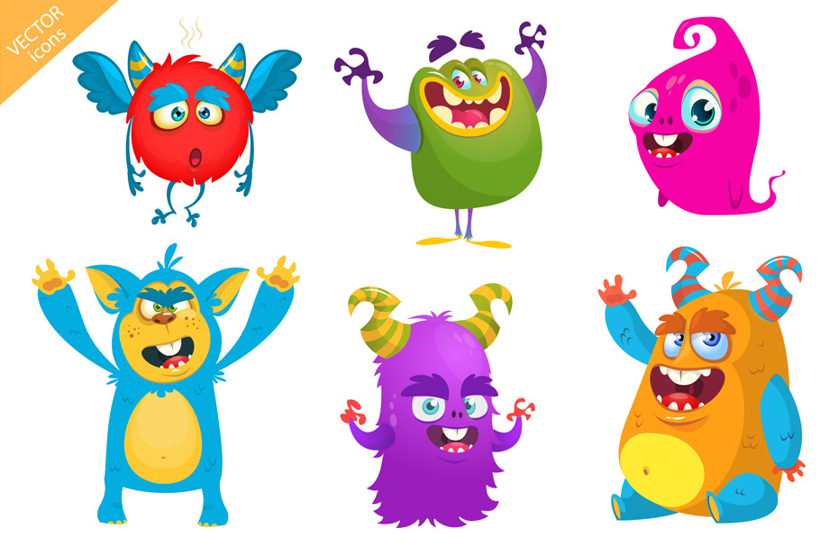 Cartoon 6 monsters. Vector set, a Decorative Illustration by D R A W K ...