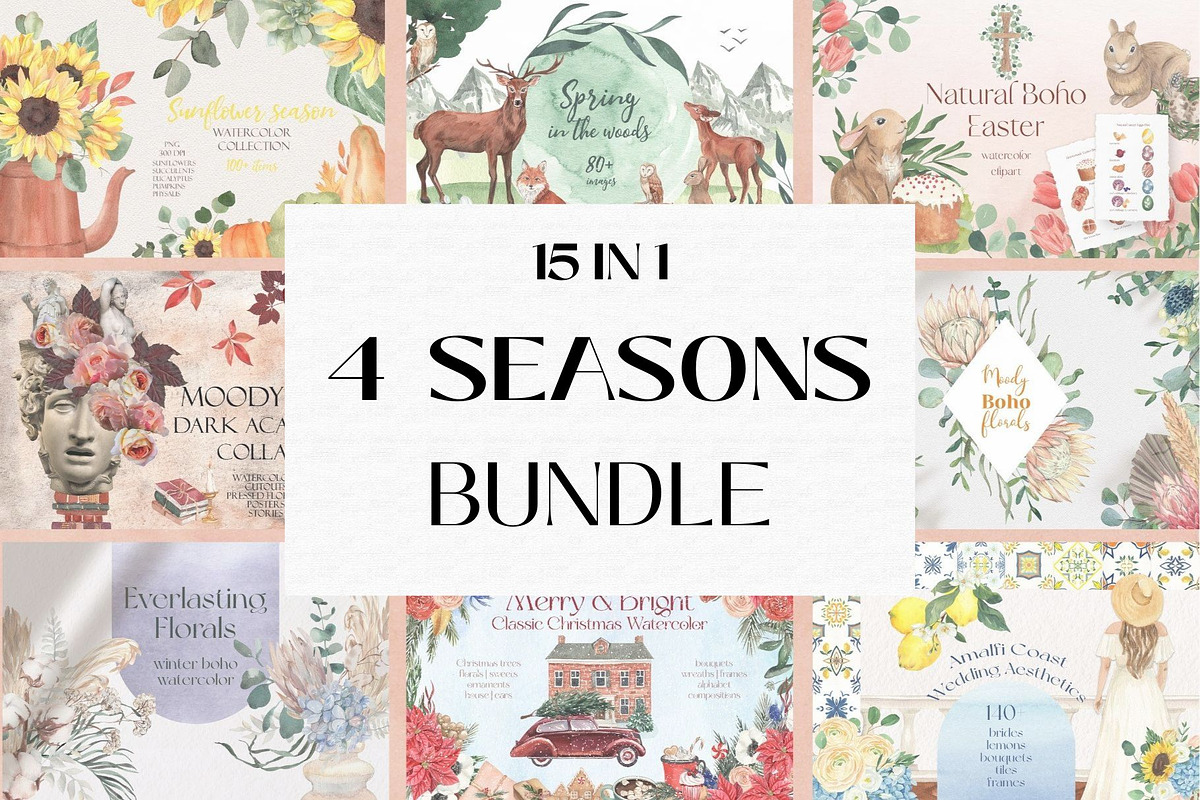 4 SEASON WATERCOLOR BUNDLE 15 in 1, a Seasonal Illustration by Catch ...