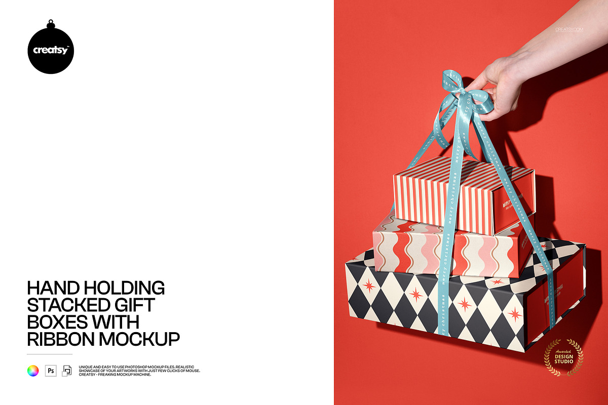 Stacked Gift Boxes & Ribbon Mockup, a Packaging Mockup by creatsy5