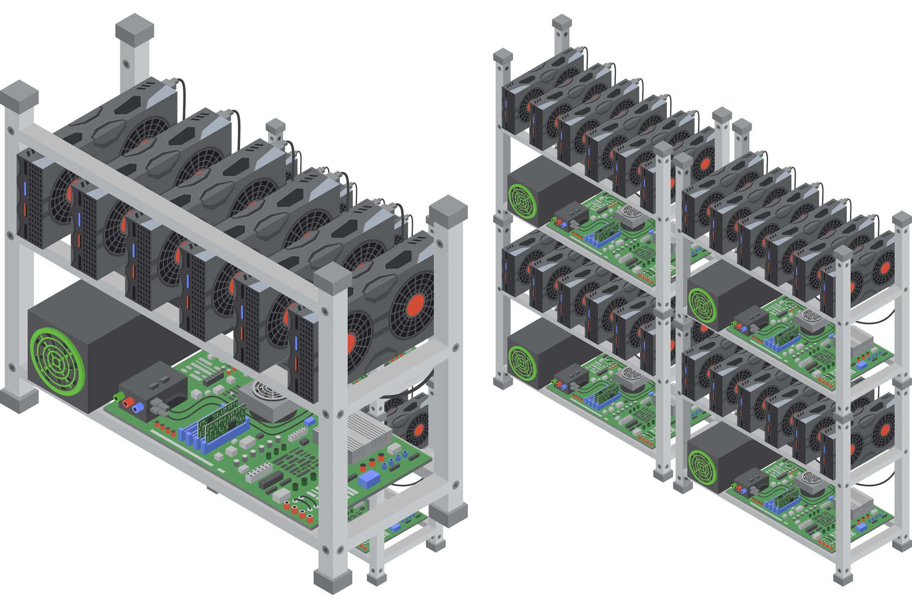 Isometric crypto mining farms, a Technology Illustration by Lemberg Vector