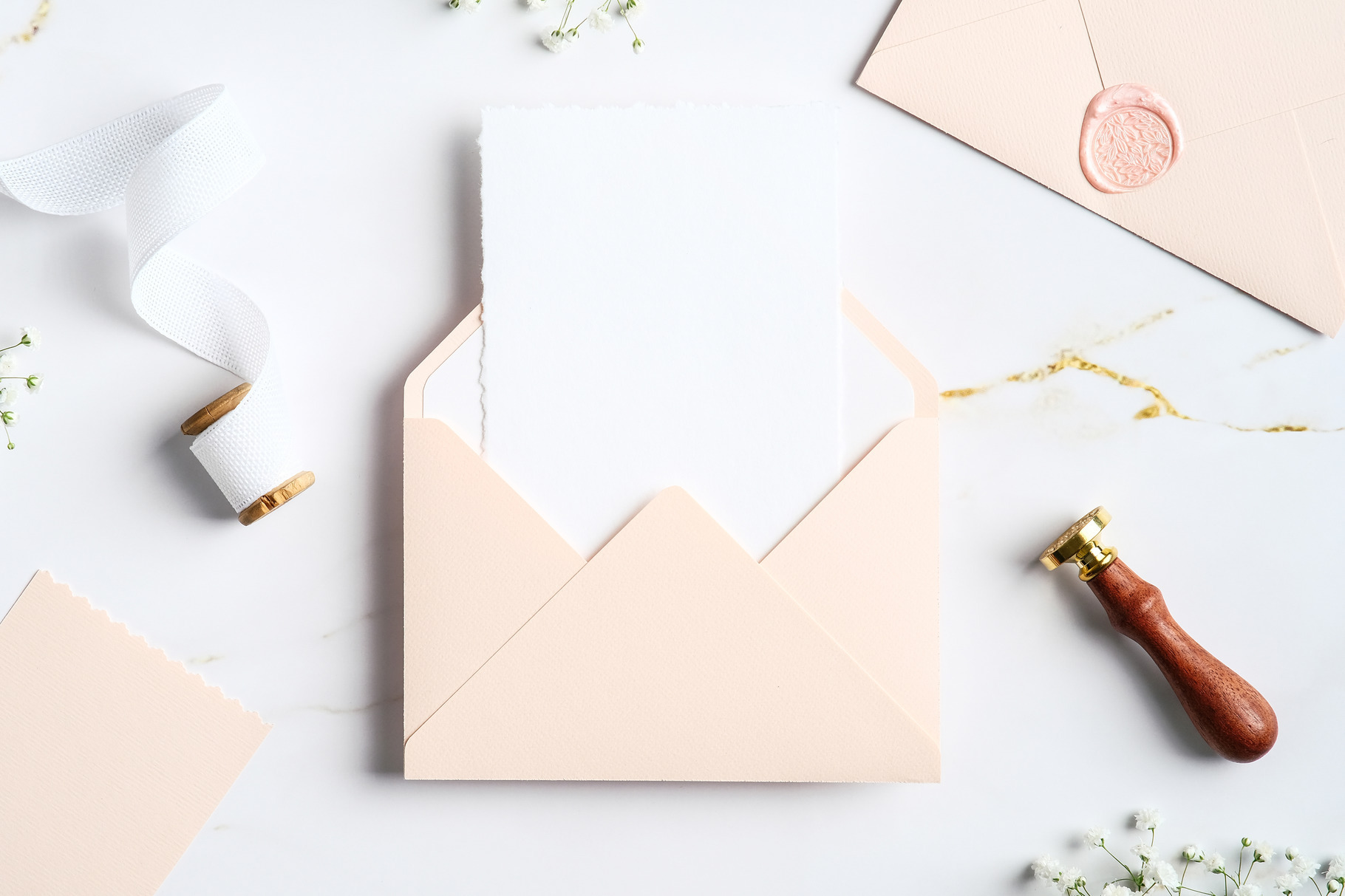 Wedding invitation card mockup inside pastel pink envelope with wax ...