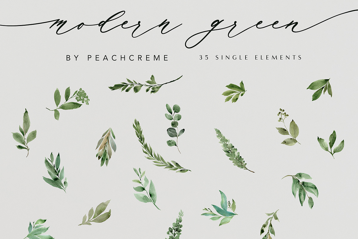 Modern Green// Watercolor Greenery, an Illustration by PeachCremeArt