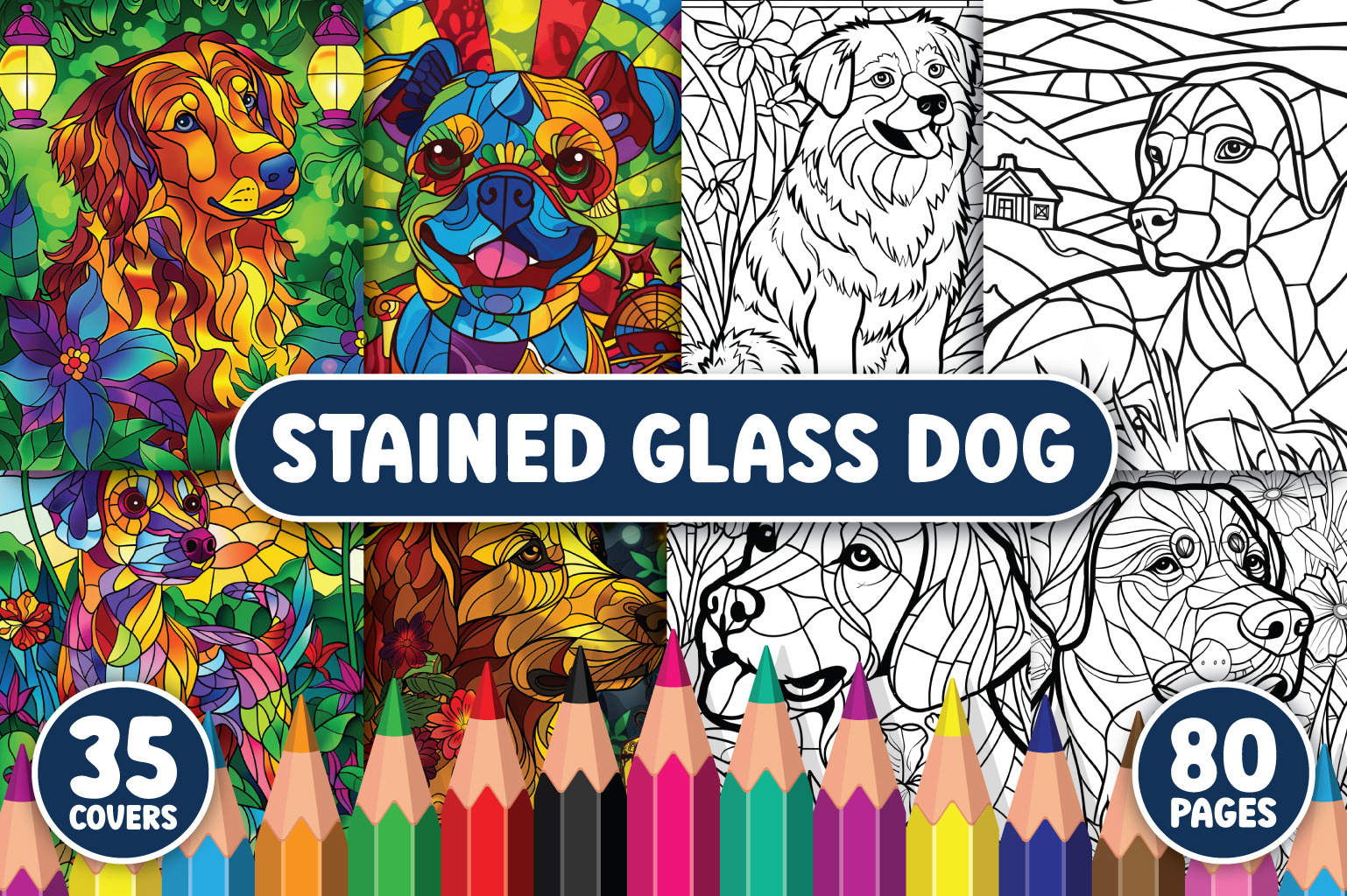 Stained Glass Dog Coloring Pages | Animal Illustrations ~ Creative Market