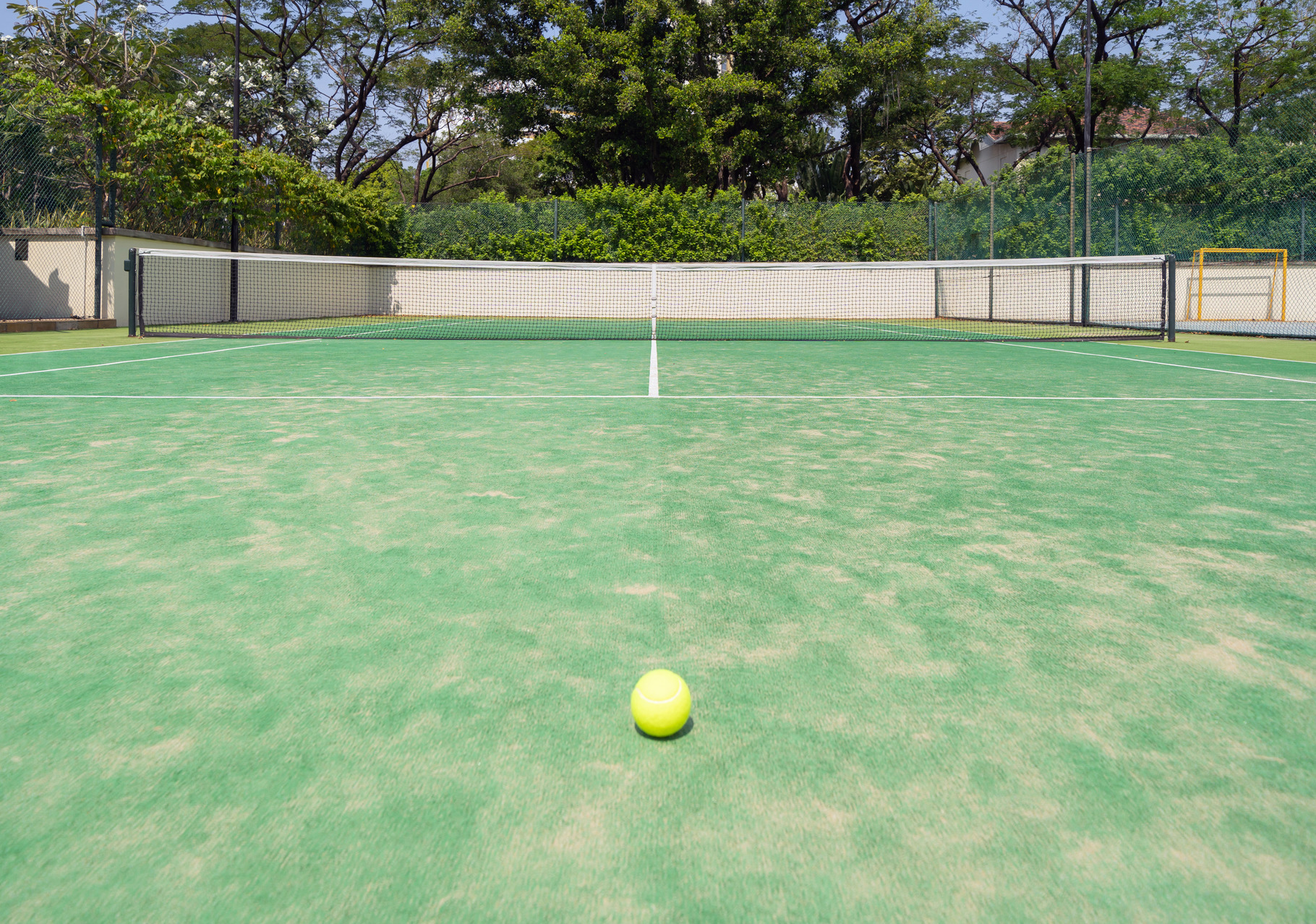 Empty tennis court with net, sport and recreation activity field, a ...