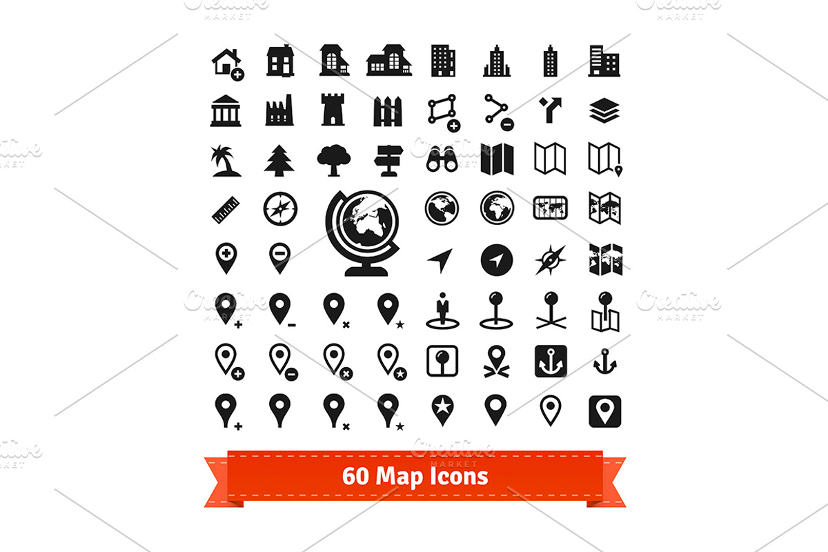 60 map icons set., an Outline Icon by Iconicbestiary