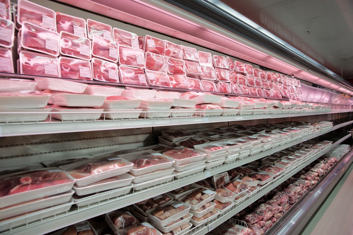 Fully loaded shelves with meat featuring assortment, beef, and big ...