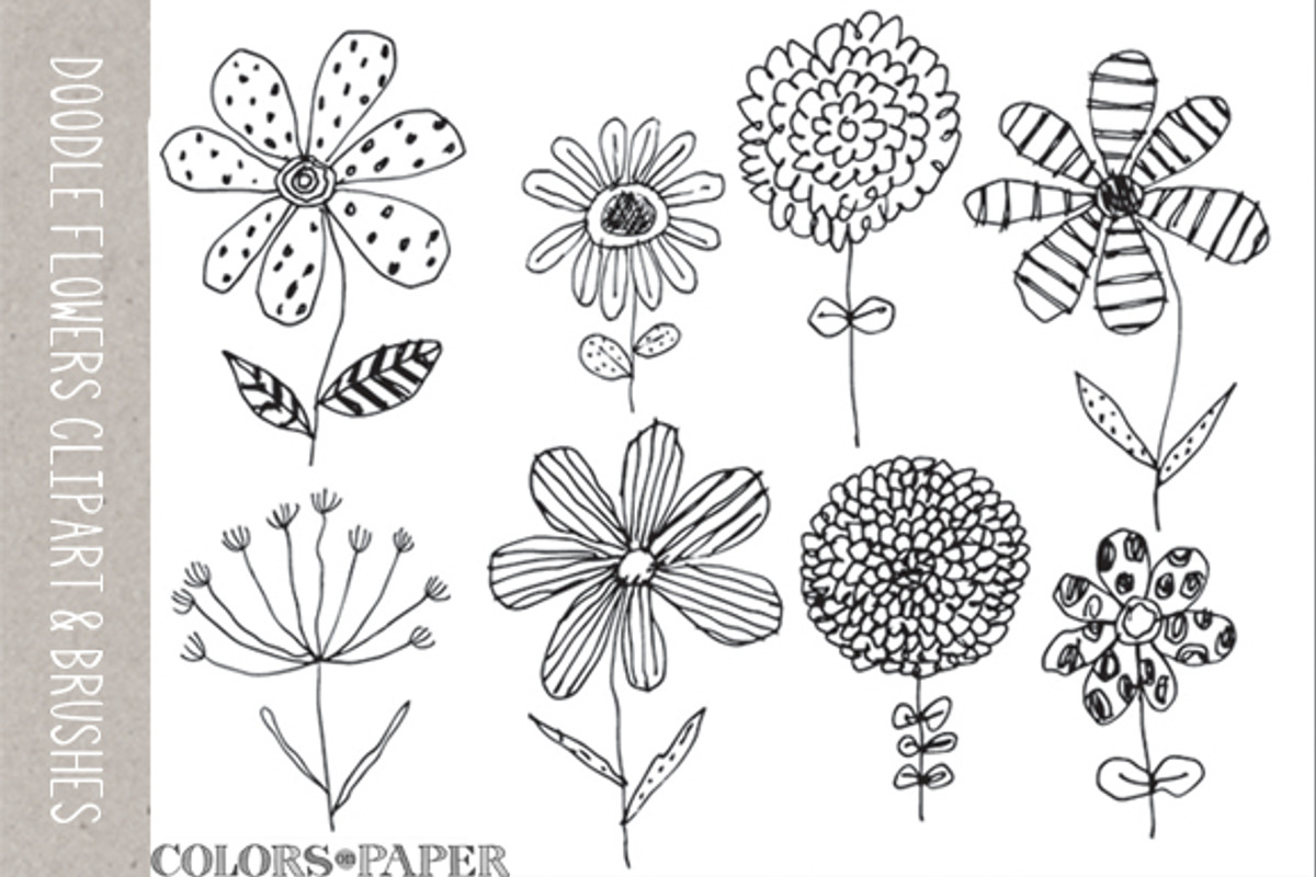 8 Doodle Flowers Clipart & Brushes, an Illustration by Colors on Paper