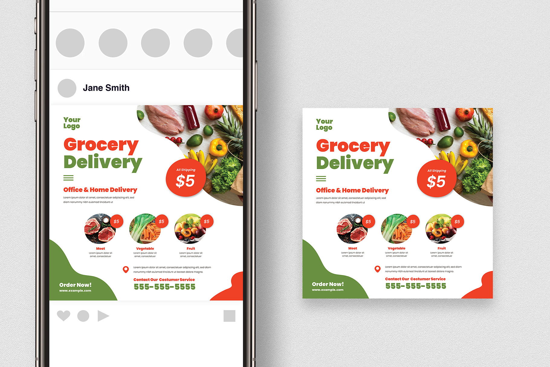 Grocery Delivery Flyer + Social Medi, a Flyer Template by VectorVactory