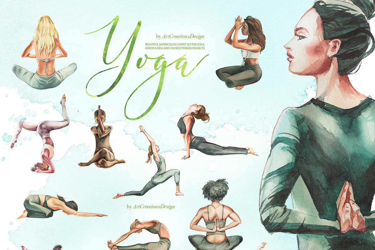 Watercolor Yoga Clipart Set, a Healthcare Illustration by ...