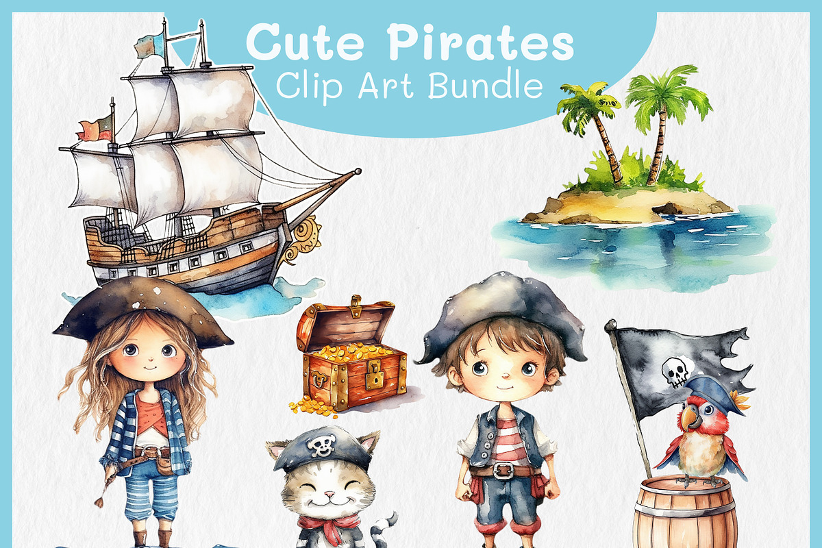 Cute Pirates Watercolor Clipart PNG, a Decorative Illustration by ...