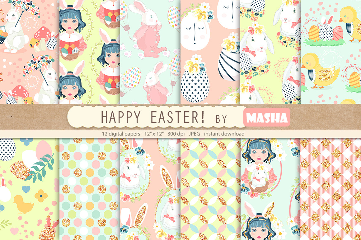 HAPPY EASTER digital paper, a Pattern Graphic by Masha Studio
