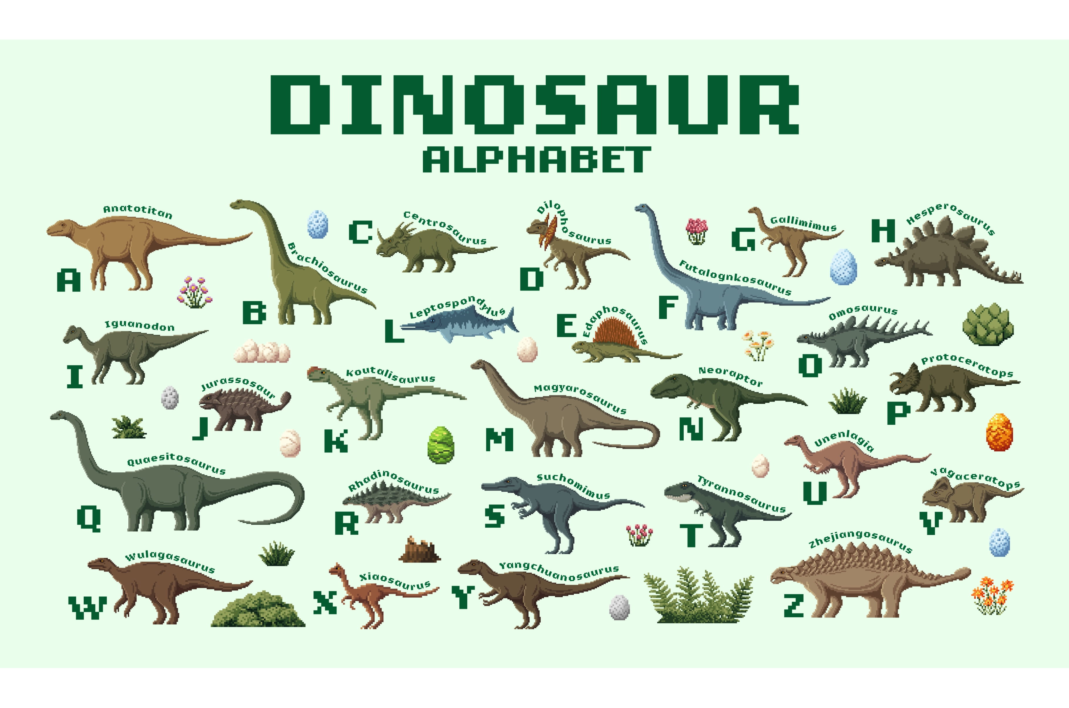 8 bit pixel art dinosaurs alphabet, an Animal Illustration by Vector ...