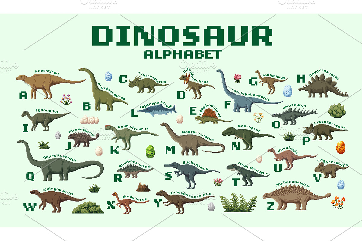 8 bit pixel art dinosaurs alphabet, an Animal Illustration by Vector ...