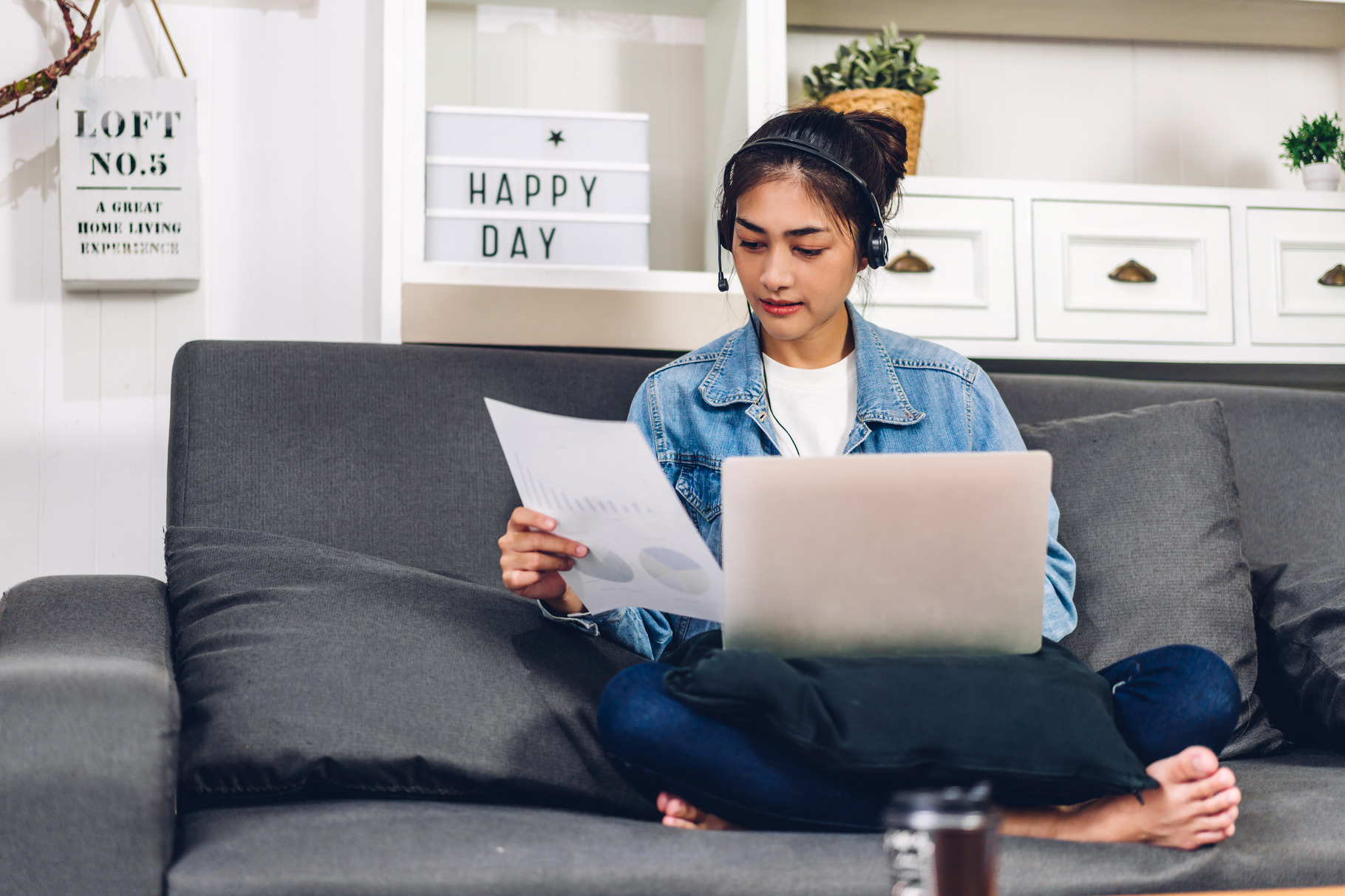 Woman talk speak using laptop computer working and video confere ...