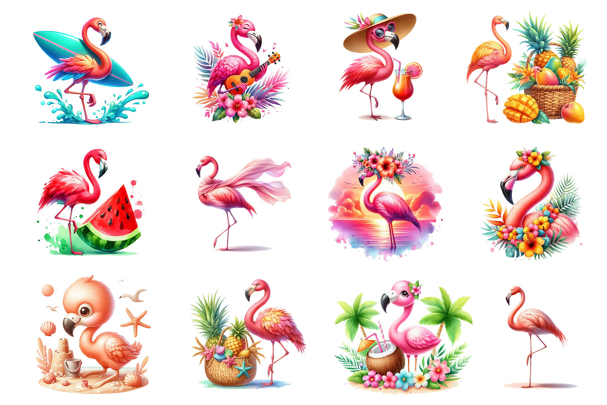 Watercolor Summer Flamingo Clipart, an Illustration by Dream Creation