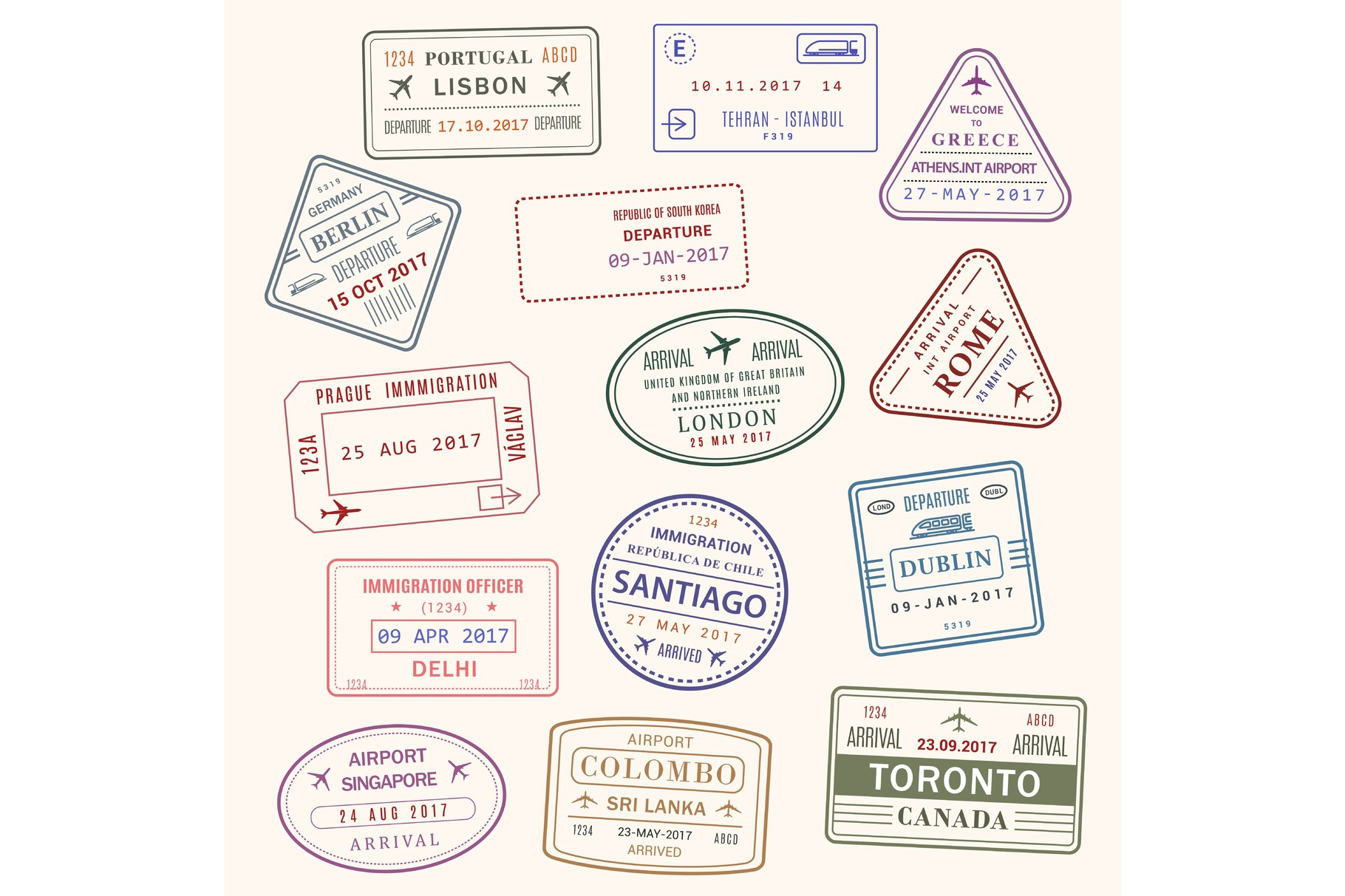 Passport stamp vector city and country icons set, an Illustration by ...