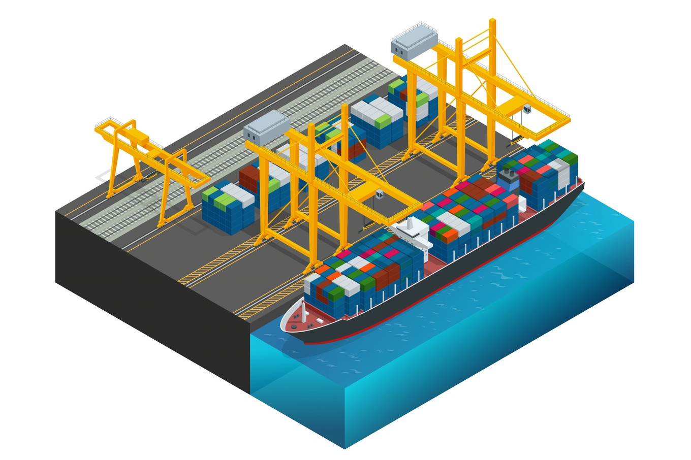 Isometric Cargo containers transshipped between transport vehicles for ...