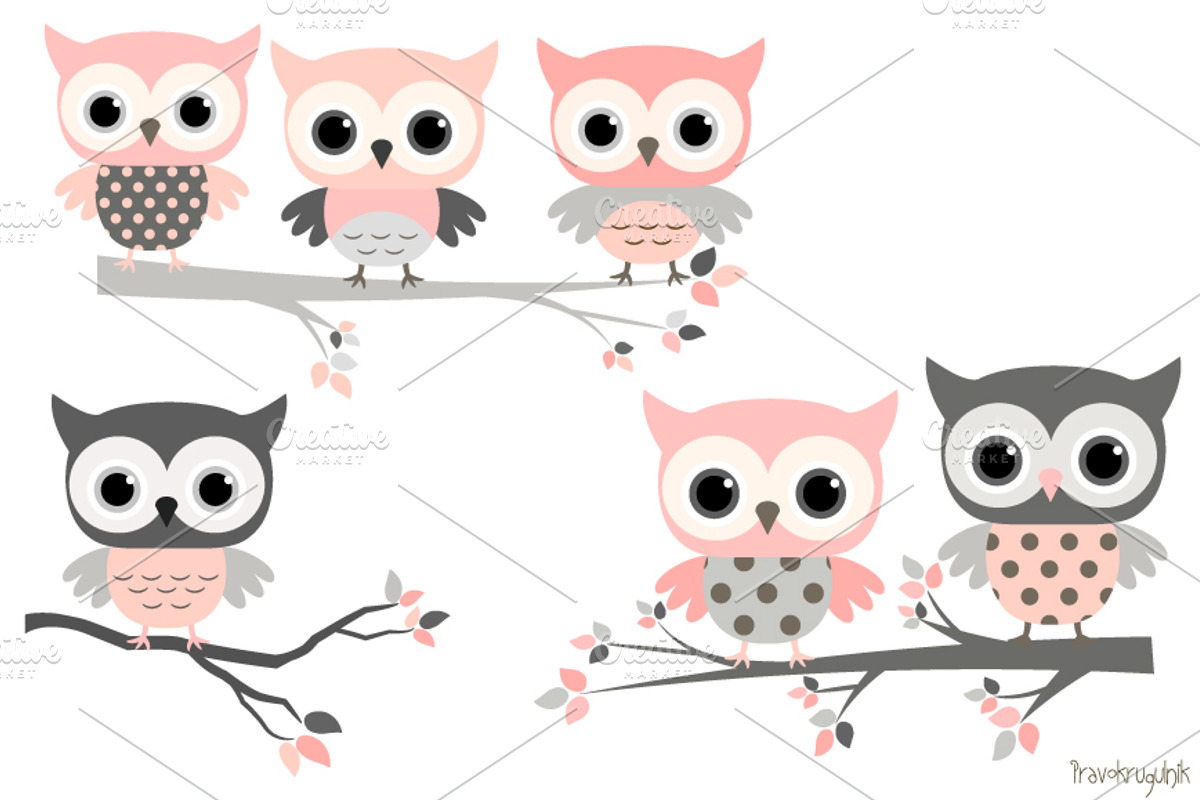 Cute girl owls clip art set, an Animal Illustration by Pravokrugulnik