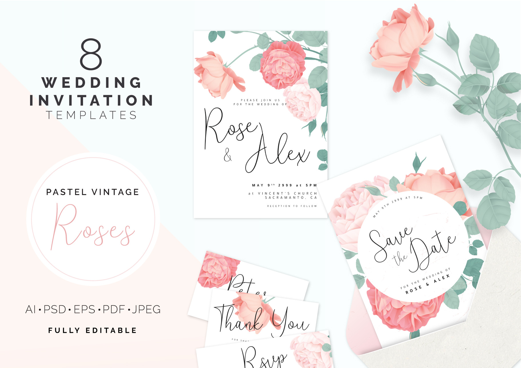 Rose wedding invitation suite, an Invitation Template by BotanicalVector