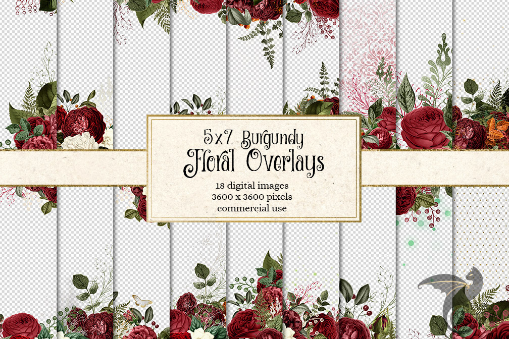 5x7 Burgundy Floral Overlays, an Illustration by Digital Curio