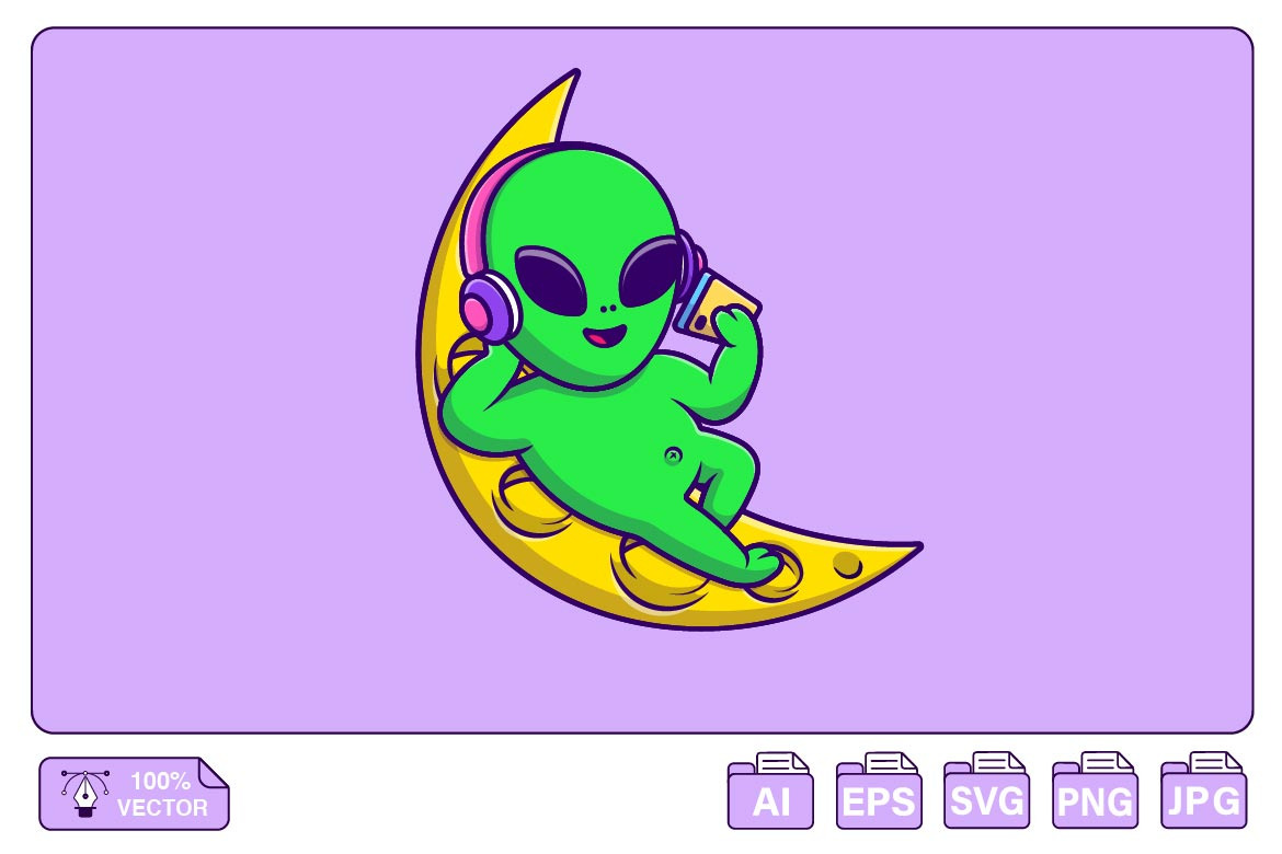 Cute Alien Listening Music Cartoon, a Technology Illustration by ...
