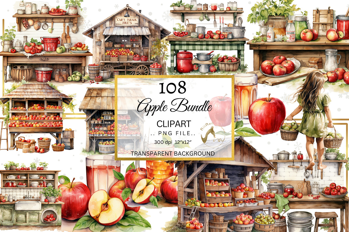 Apple Clipart Bundle, Watercolor PNG, an Illustration by NiiiNArt