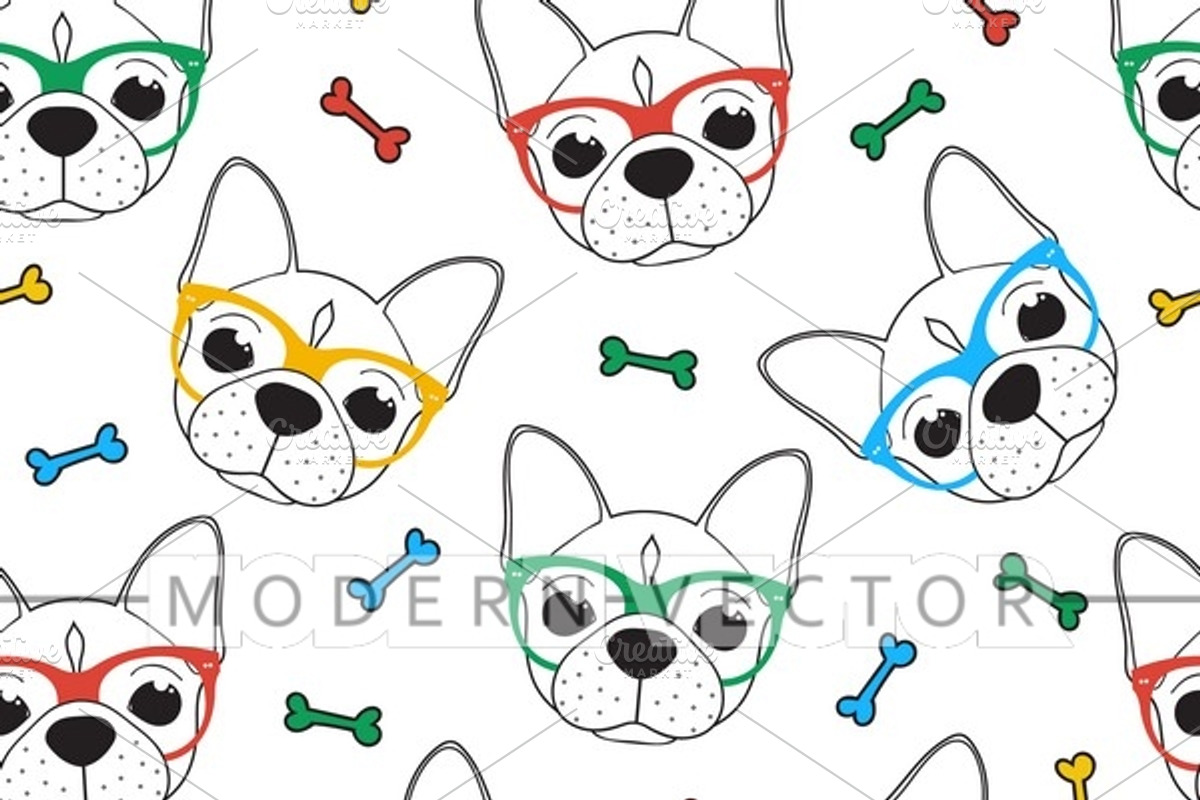 Seamless hipster bulldog pattern, a Pattern Graphic by Modern vector