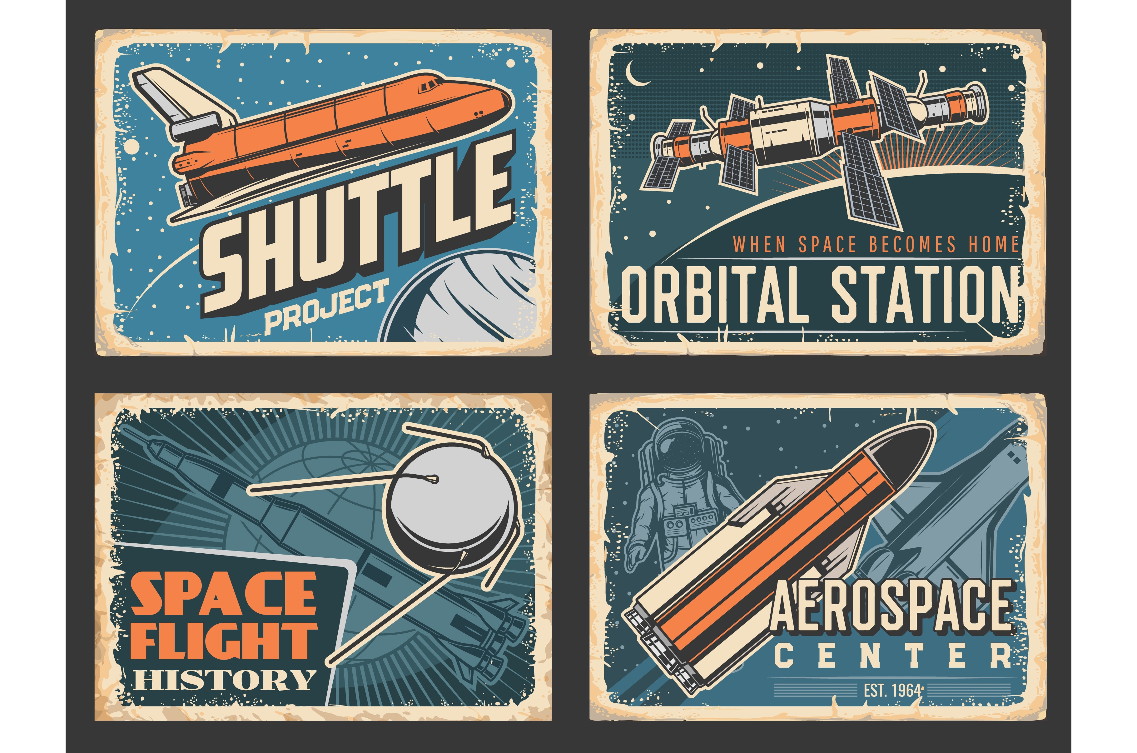 Space retro posters, orbital station, a Technology Illustration by ...