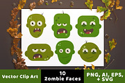10 Zombie Faces Halloween Clipart, an Illustration by The Digital ...