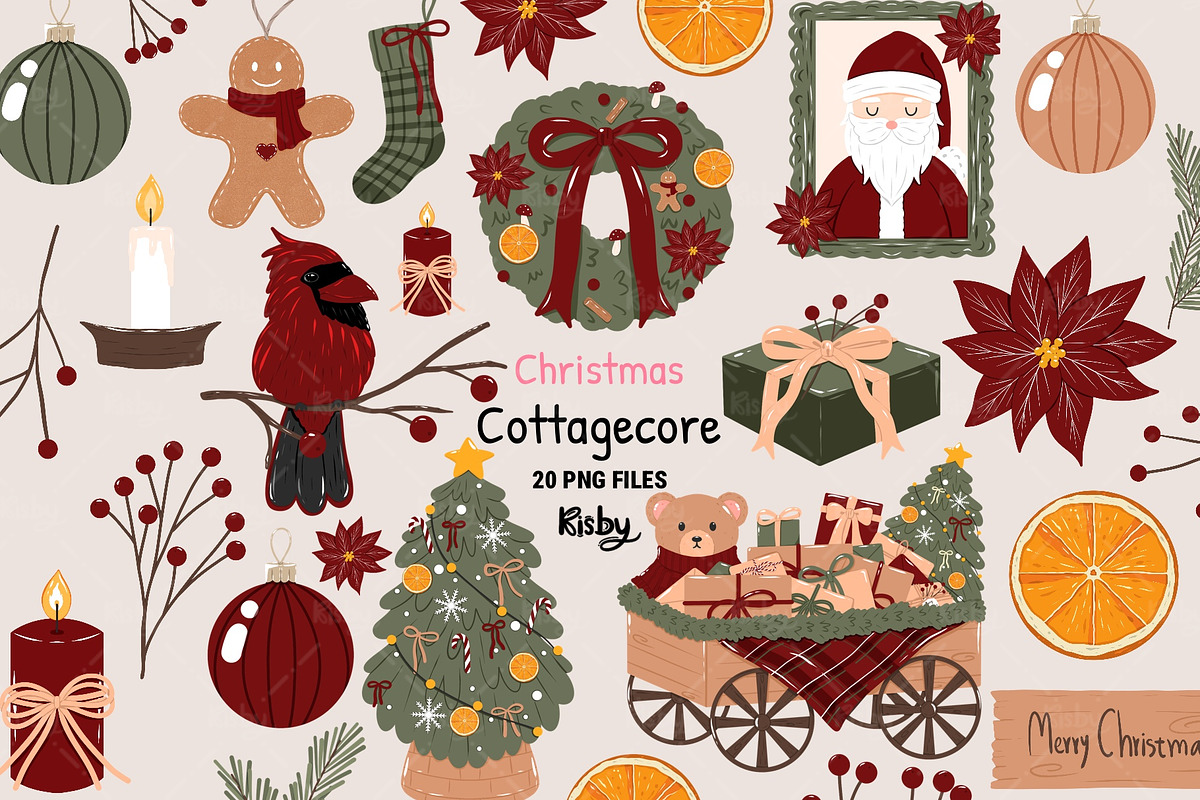 Cottagecore Christmas Clipart Set, a Seasonal Illustration by KisbyArt