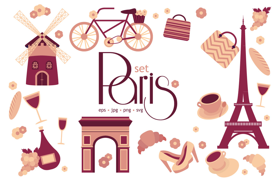 Paris flat vector set, a Food Illustration by Macrovector