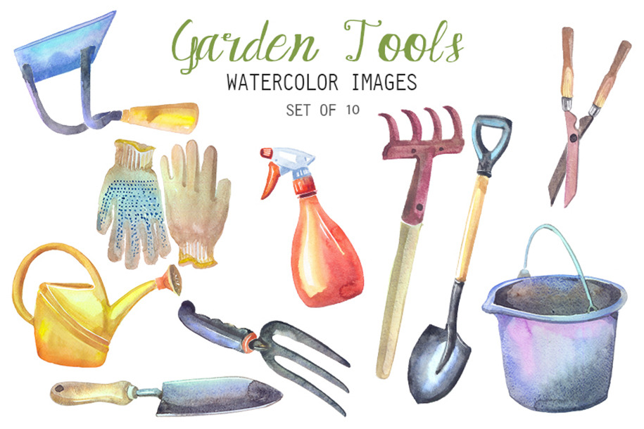 Watercolor Garden Tools Clipart, an Illustration by YesFoxy