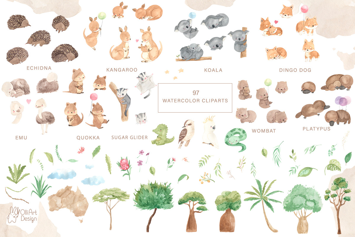 AUSTRALIAN ANIMALS. Watercolor set