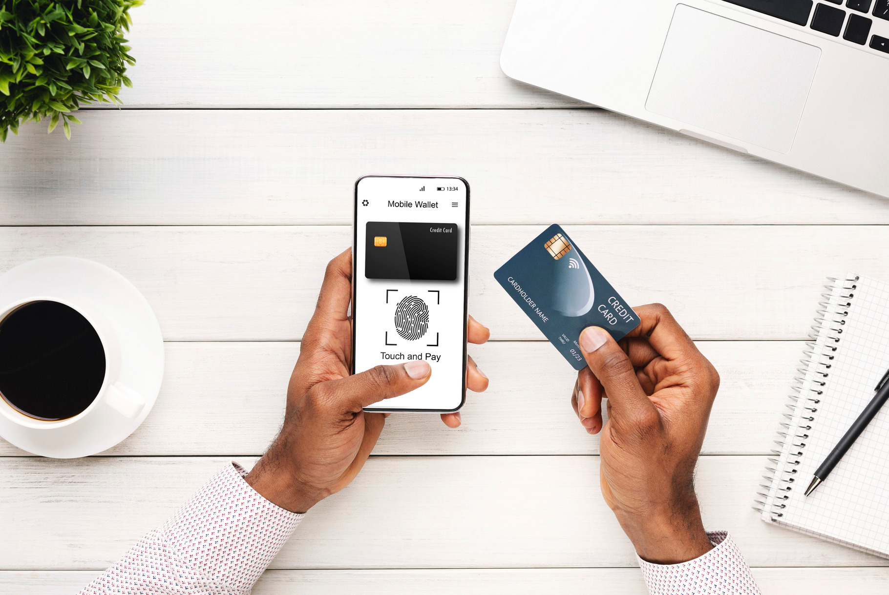 Black Man With Phone Using Mobile Wallet Application At Workplace, a ...