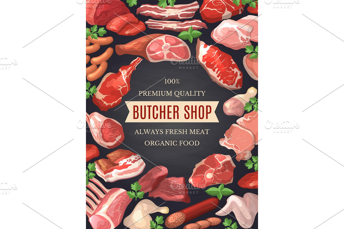 Food pictures set. Illustrations of meat. Poster for butcher shop, a ...