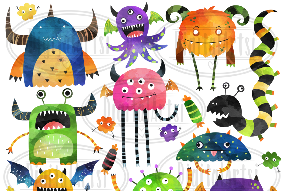 Watercolor Monsters Clipart, an Illustration by DigitalArtsi