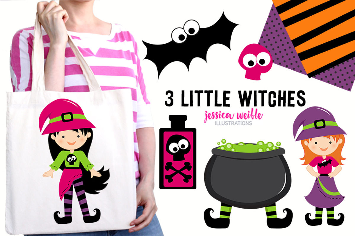 3 Little Witches Halloween Clipart, an Illustration by Jessica Weible ...