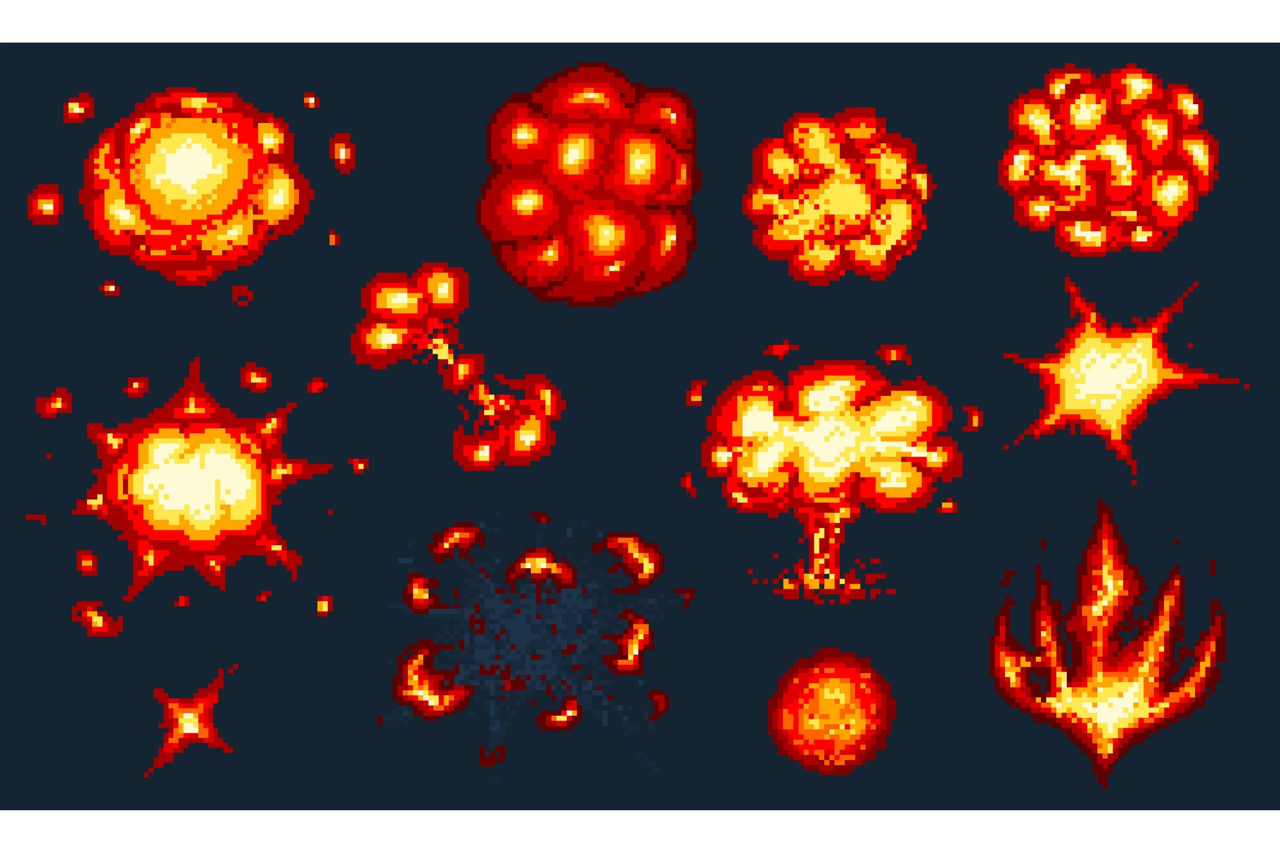 Pixel art explosions. game icons set, an Illustration by Arthur Balitskiy