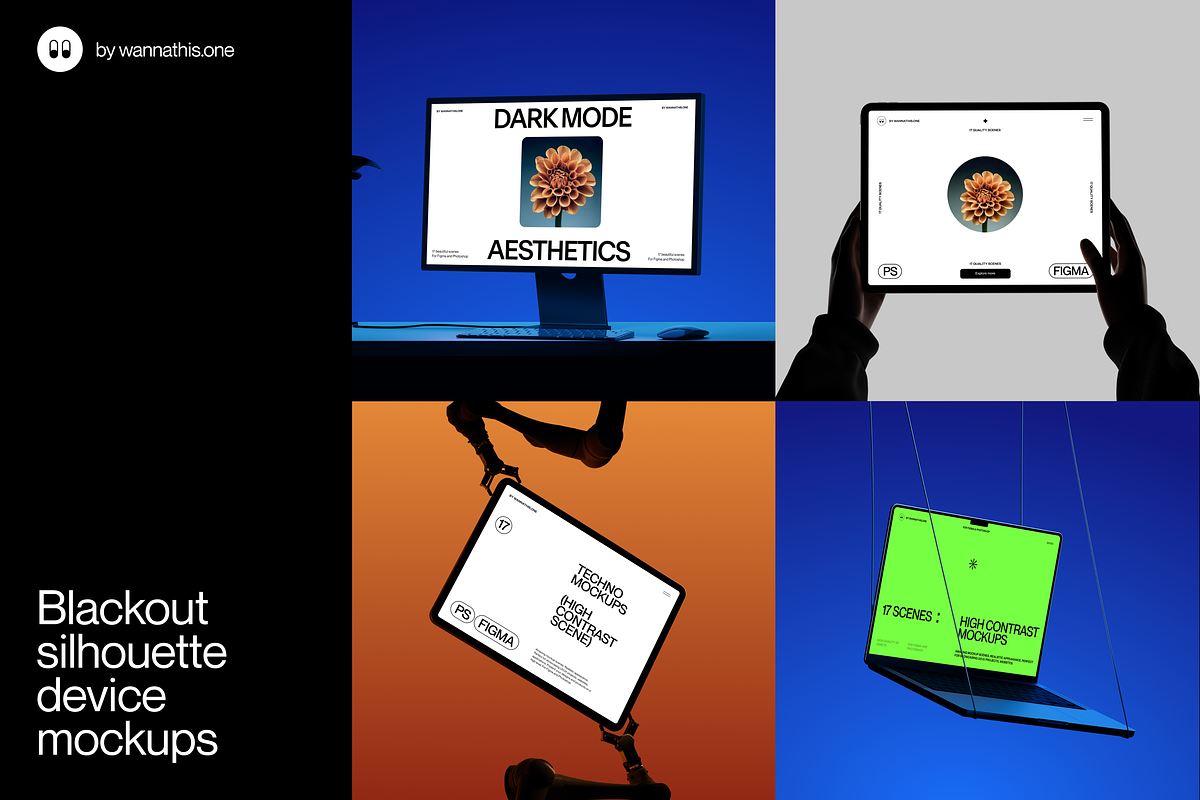 Blackout silhouette device mockups, a Device Mockup by Wannathis.one