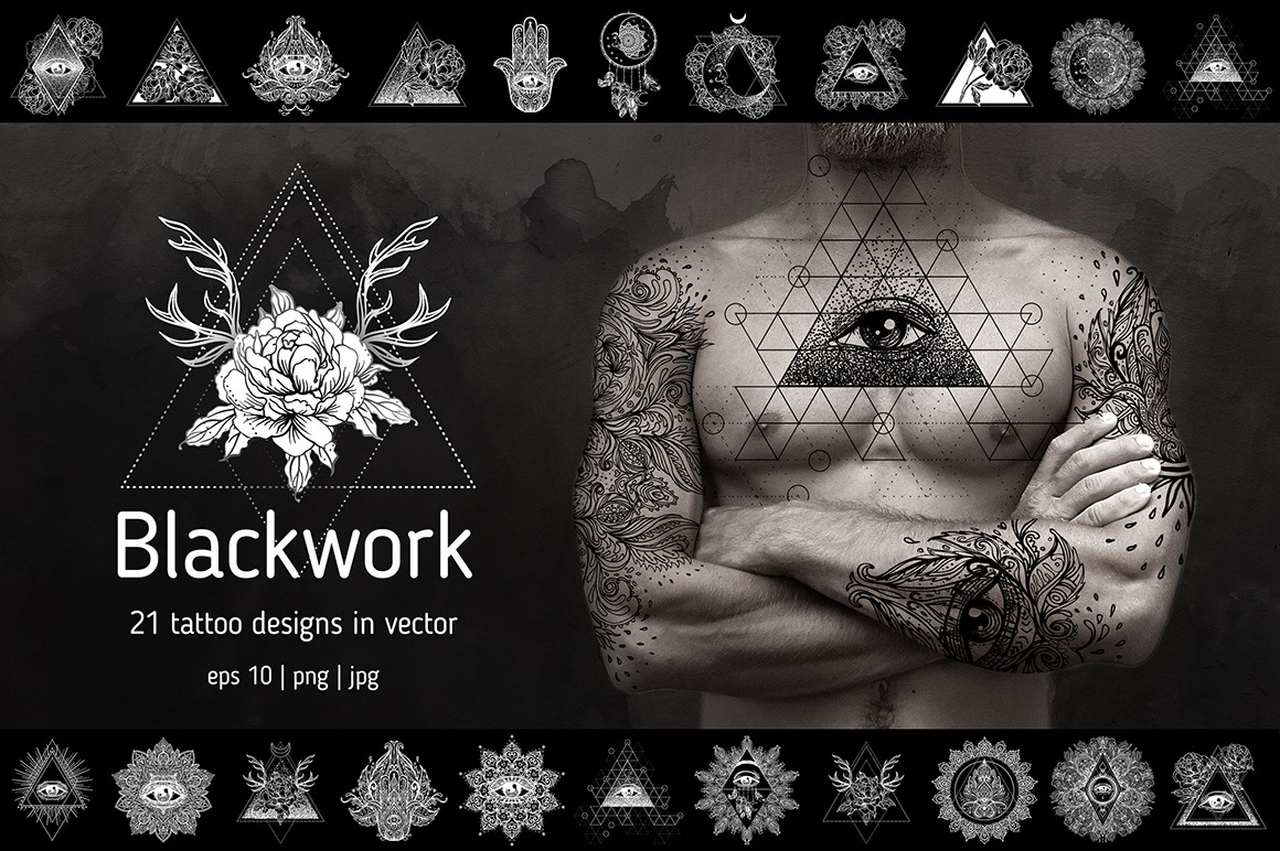 Blackwork. 21 vector tattoo designs., an Education Illustration by ...