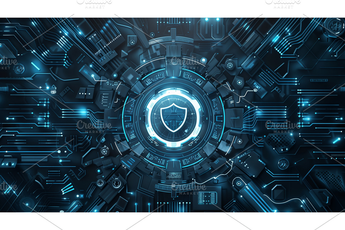 Futuristic blue cyber security, a Technology Illustration by Sergey Kotenev