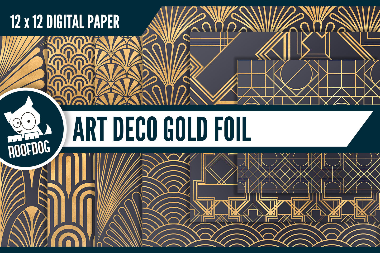 Art deco digital paper gold foil det, a Pattern Graphic by Roofdog Design