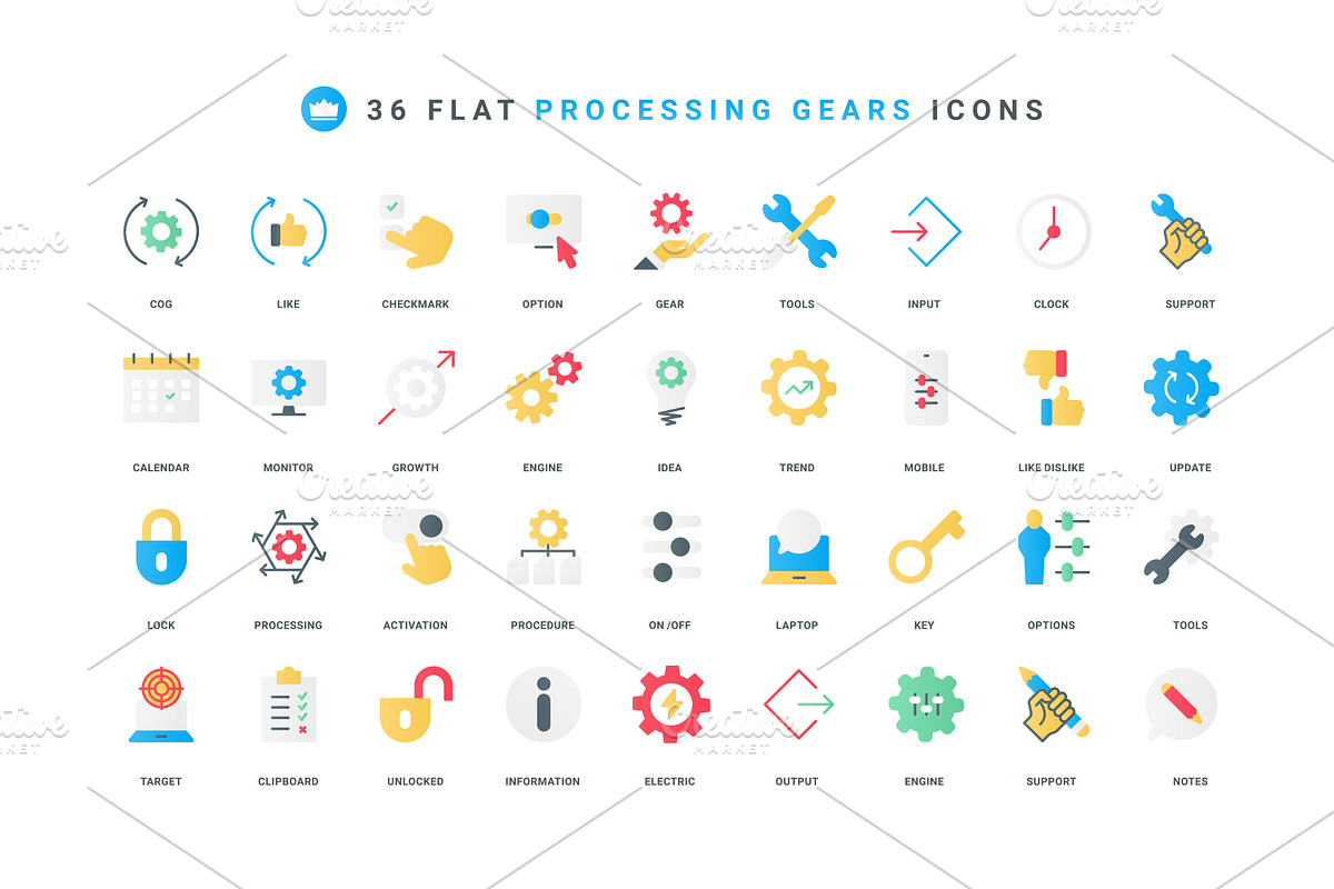 Gears process progress control icons, an Object Illustration by Lemberg ...
