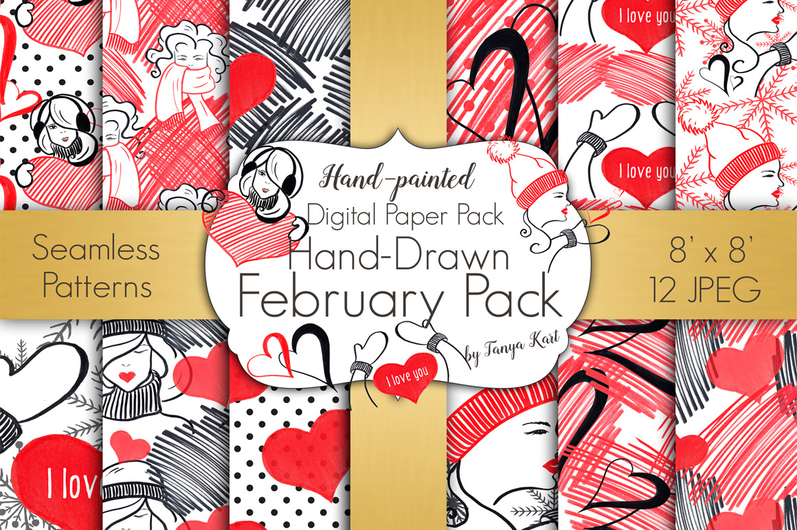 February Digital Papers Pack, a Pattern Graphic by Tanya Kart