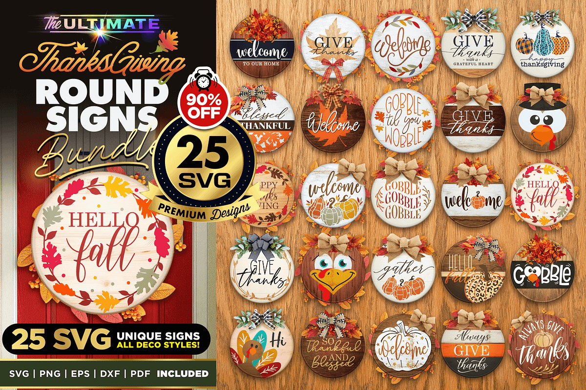 25 ThanksGiving Round Signs SVG Bund, a Seasonal Illustration by Asaelv ...