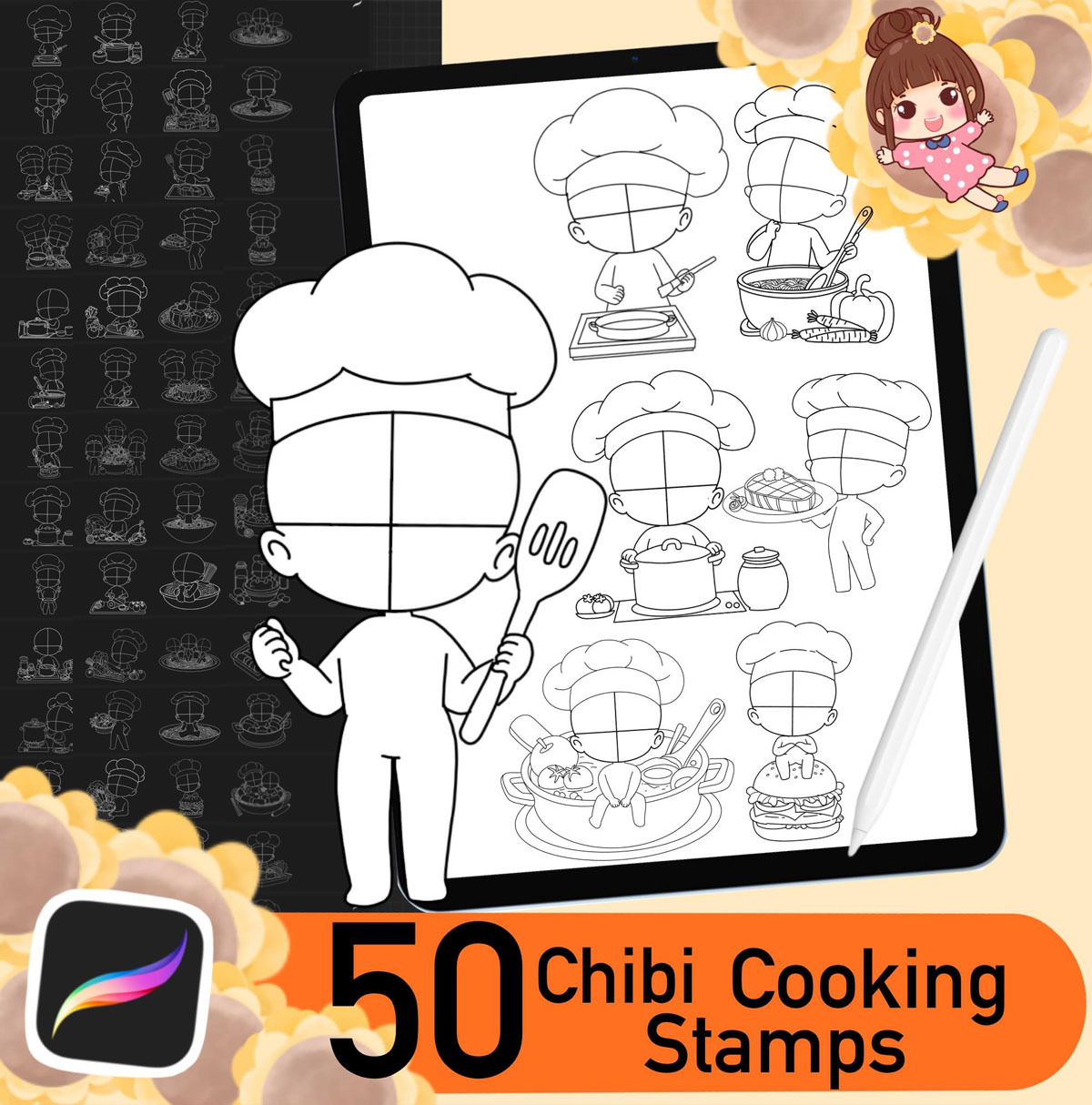 50 Procreate Chibi Cooking Poses Stamp