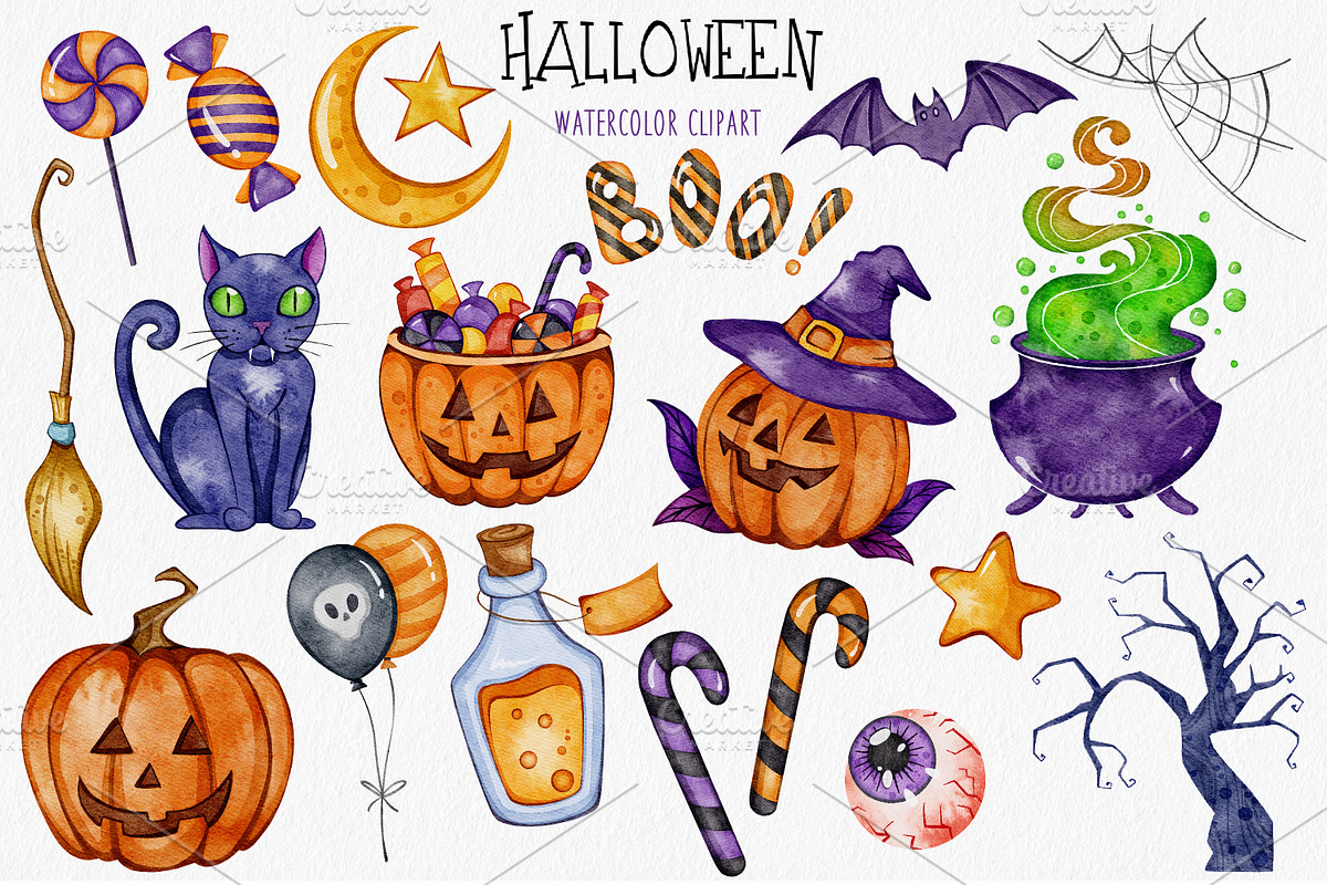 Watercolor Halloween Clipart, an Illustration by LuiDesignStudio